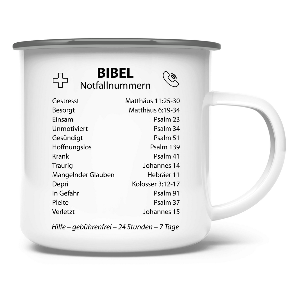 Emaille Tasse bibel notfallnummern verse – HOLYSTORE